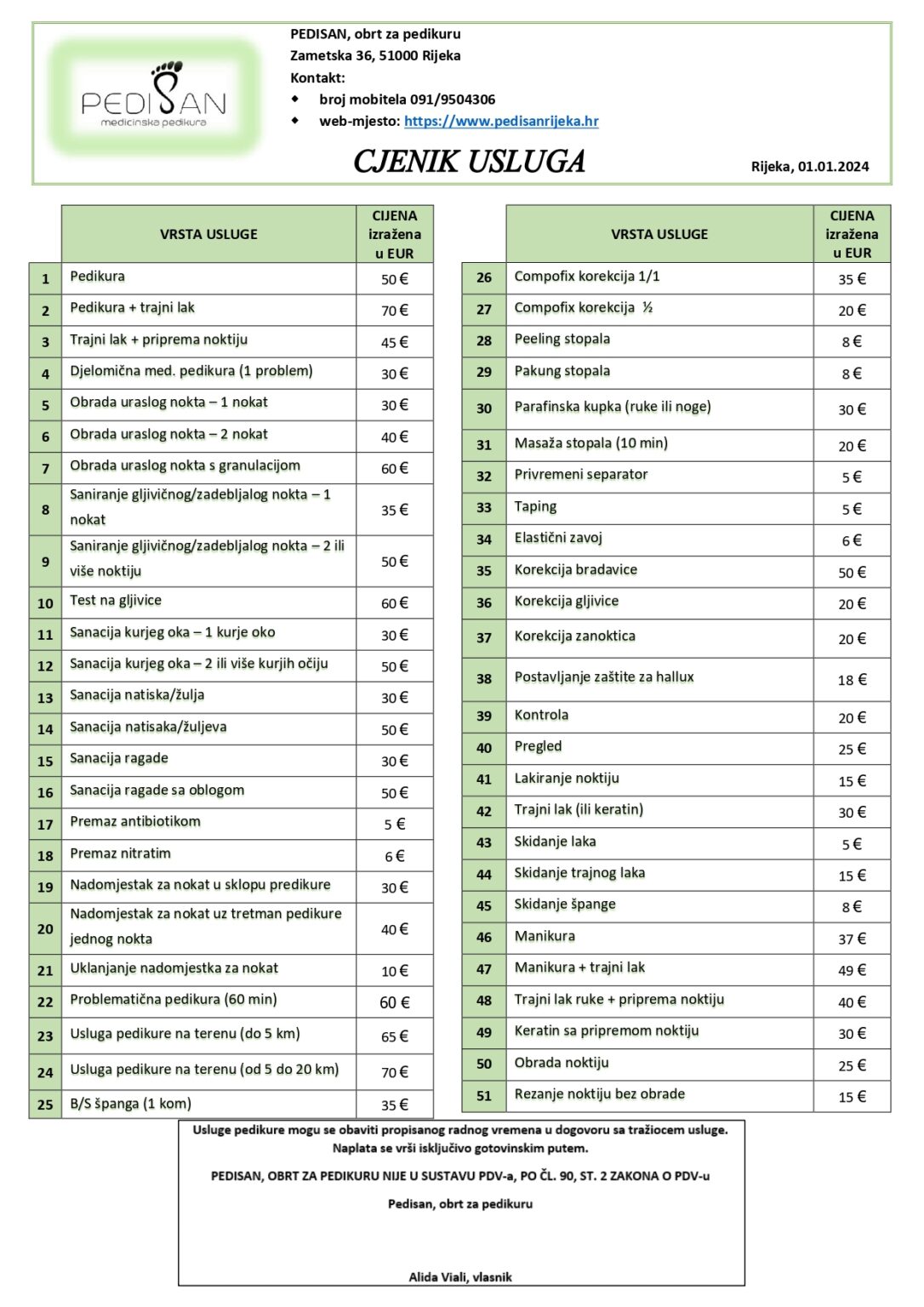 Pedisan - Medicinska pedikura Rijeka - Cjenik